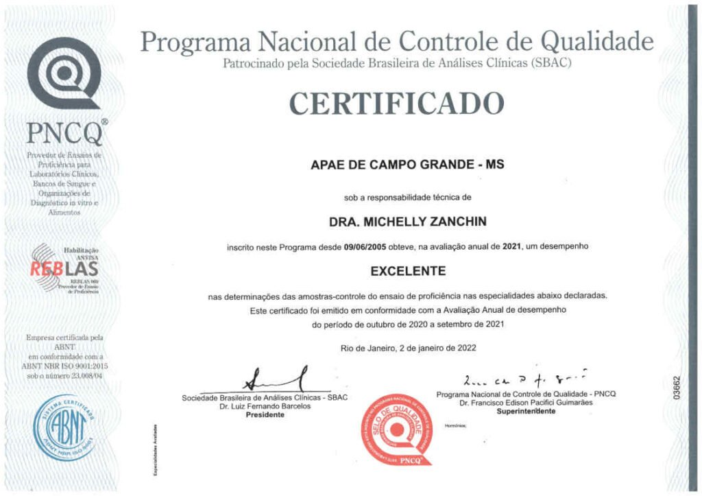 Certificado PNCQ 2021 – APAE de Campo Grande